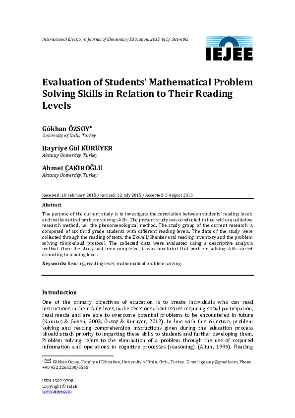 (PDF) Evaluation of Students’ Mathematical Problem Solving Skills in ...