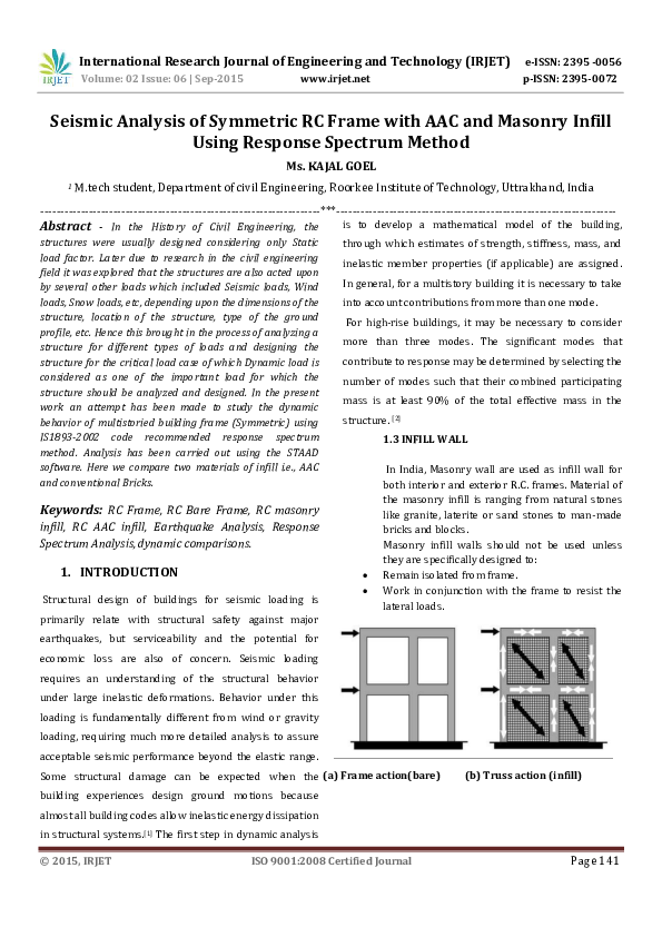 Pdf Irjet Seismic Analysis Of Symmetric Rc Frame With Aac And Masonry Infill Using Response