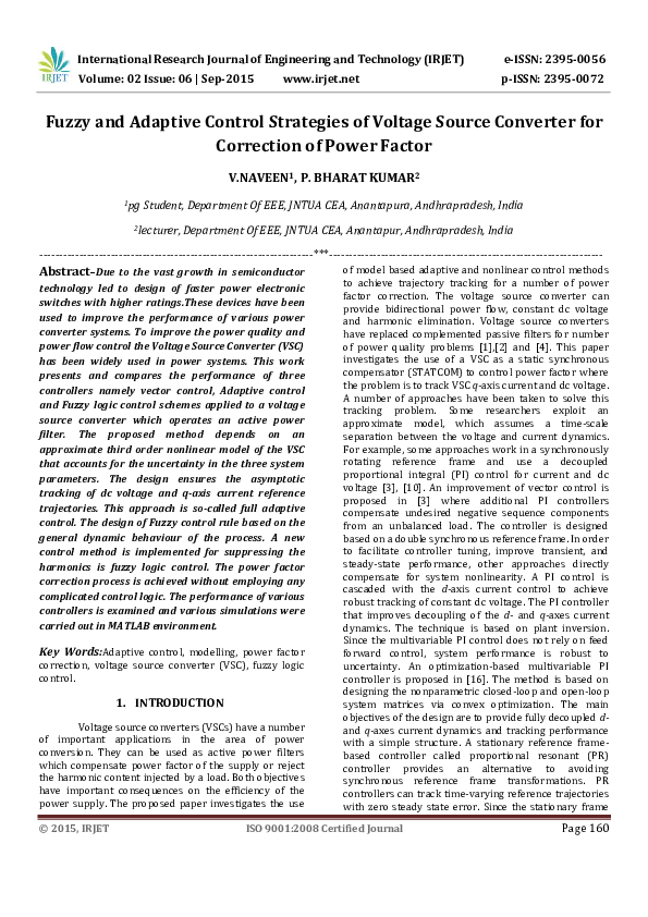 (PDF) IRJET-Fuzzy and Adaptive Control Strategies of Voltage Source Converter for Correction of ...