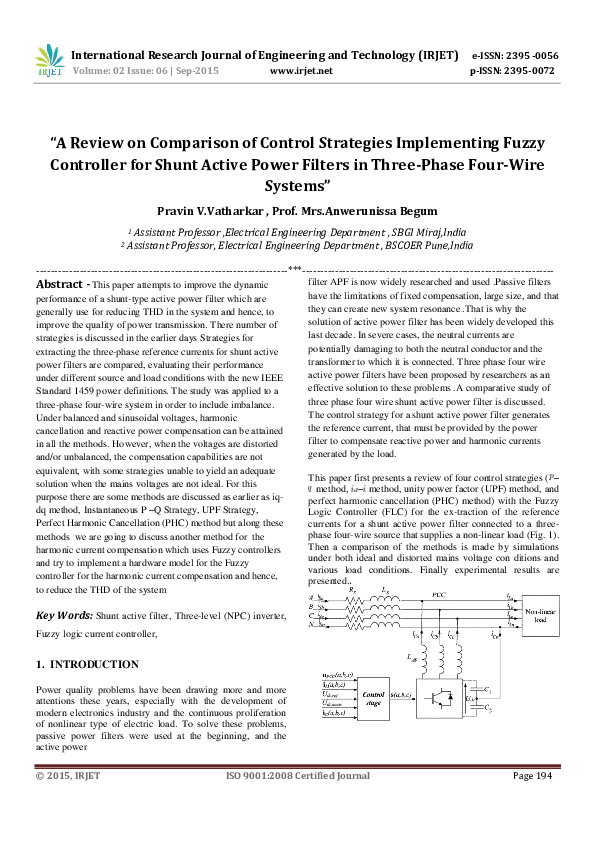Pdf Irjet A Review On Comparison Of Control Strategies Implementing Fuzzy Controller For Shunt