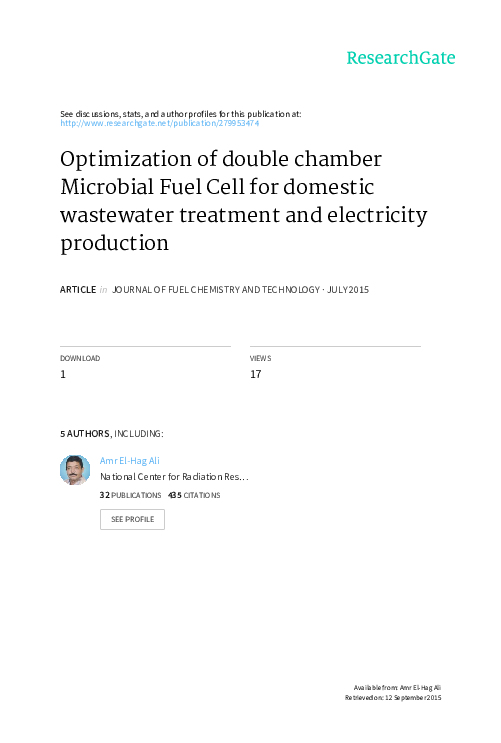 (PDF) Optimization of double chamber Microbial Fuel Cell for domestic wastewater treatment and ...