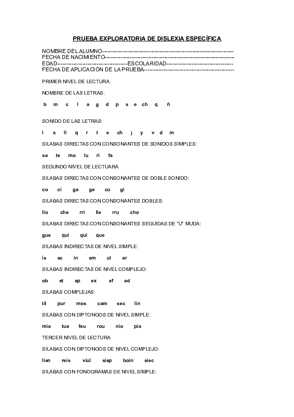 (DOC) PRUEBA DE DISLEXIA ESPECÍFICA