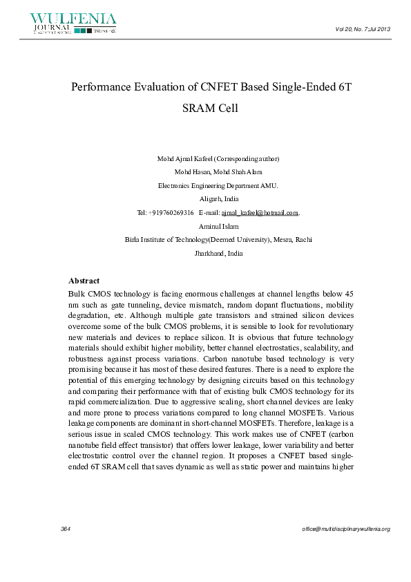 Pdf Design Analysis And Comparison Between Cntfet Based Ternary Sram Cell And Pcram Cell