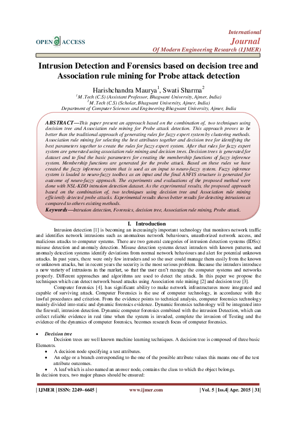 Pdf Intrusion Detection And Forensics Based On Decision Tree And