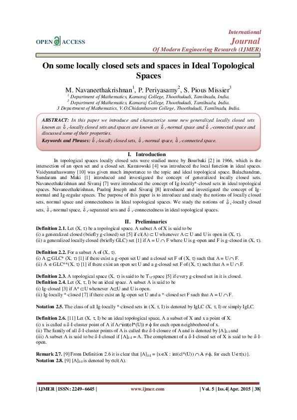 Pdf On Some Locally Closed Sets And Spaces In Ideal Topological Spaces