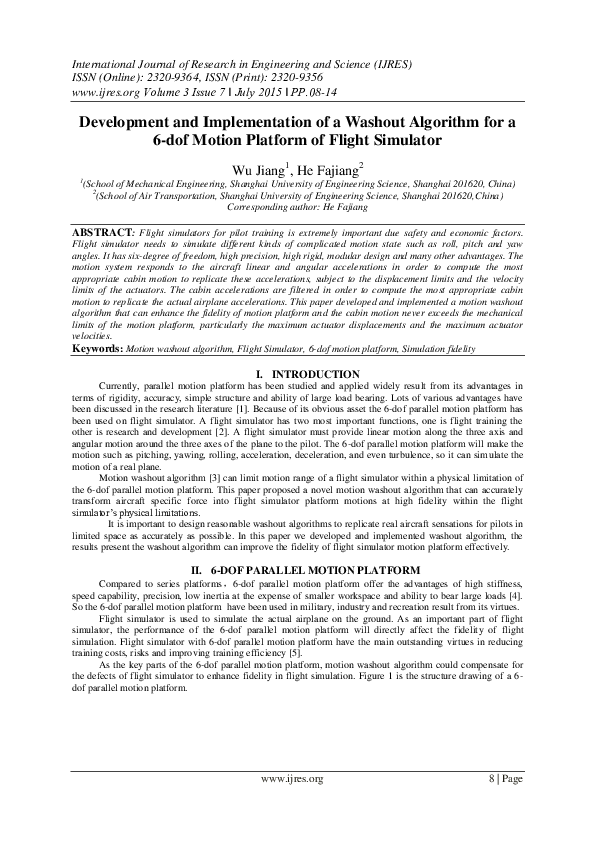 Pdf Development And Implementation Of A Washout Algorithm For A 6 Dof Motion Platform Of