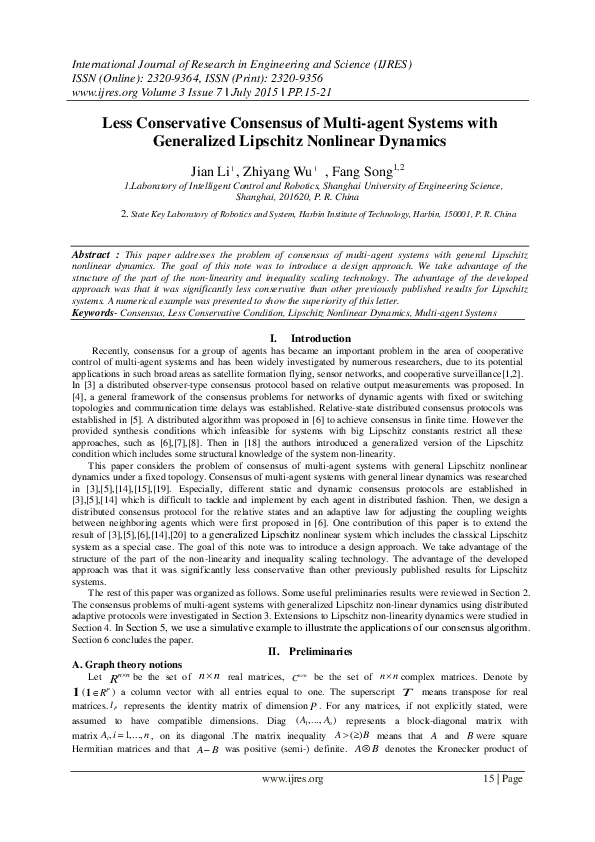 Pdf Less Conservative Consensus Of Multi Agent Systems With Generalized Lipschitz Nonlinear