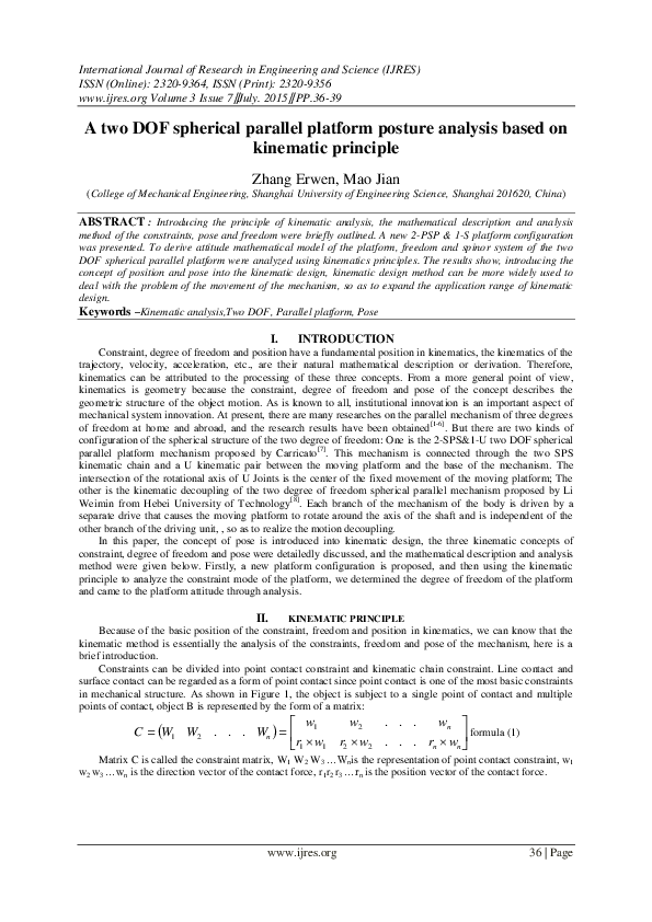 (PDF) A two DOF spherical parallel platform posture analysis based on kinematic principle