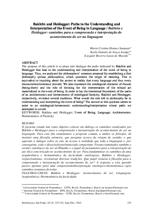 (PDF) Bakhtin and Heidegger: Paths to the Understanding and ...