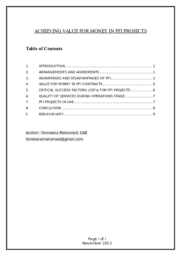 (DOC) Achieving Value for Money in PFI Projects