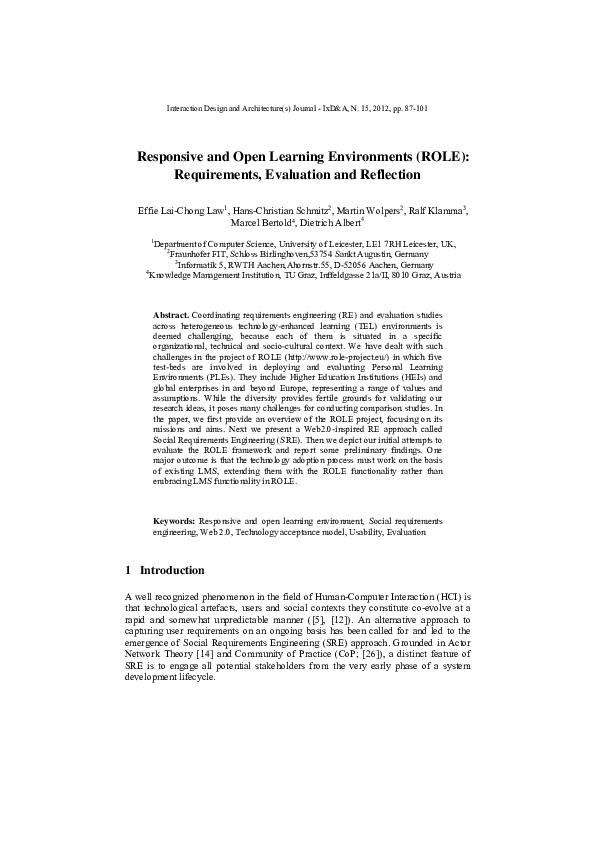 (PDF) Responsive and Open Learning Environments (ROLE): Requirements, Evaluation and Reflection