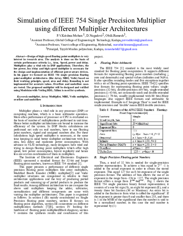 Simulation of IEEE 754 Single Precision Multiplier using different Multiplier Architectures