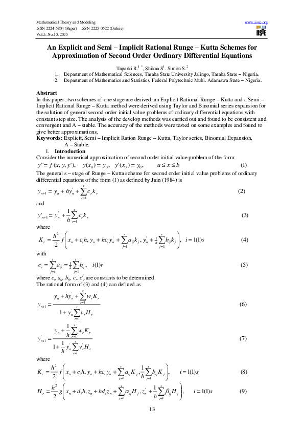Pdf An Explicit And Semi Implicit Rational Runge Kutta Schemes For Approximation Of Second