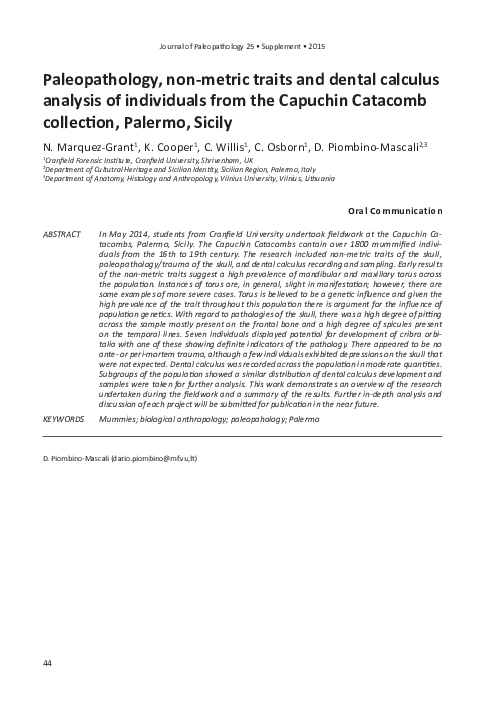 (PDF) Paleopathology, non-metric traits and dental calculus analysis of individuals from the ...