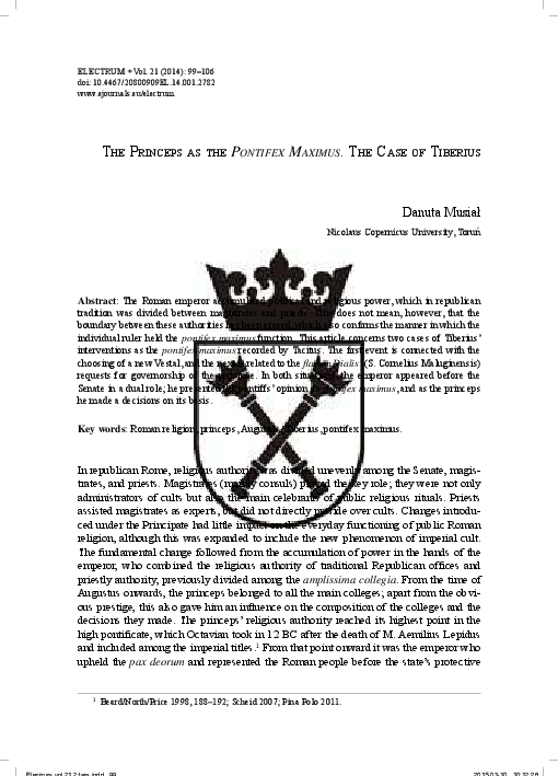 (PDF) The Princeps as Pontifex Maximus. The Case of Tiberius