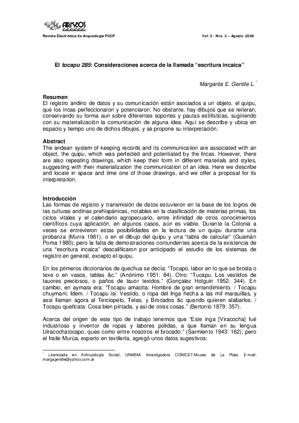 (PDF) El tocapu 285: Consideraciones acerca de la llamada “escritura ...