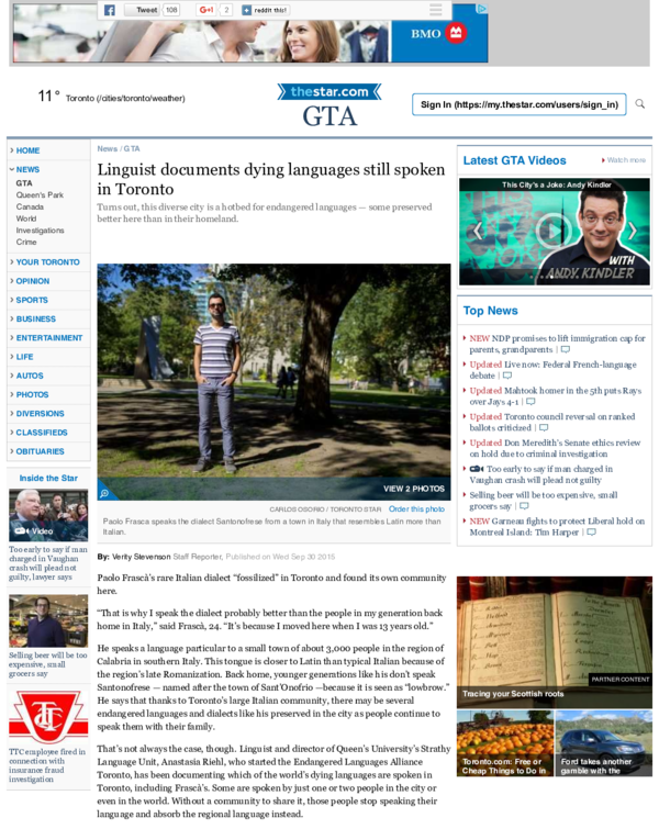 (PDF) Linguist documents dying languages still spoken in Toronto (Toronto Star)