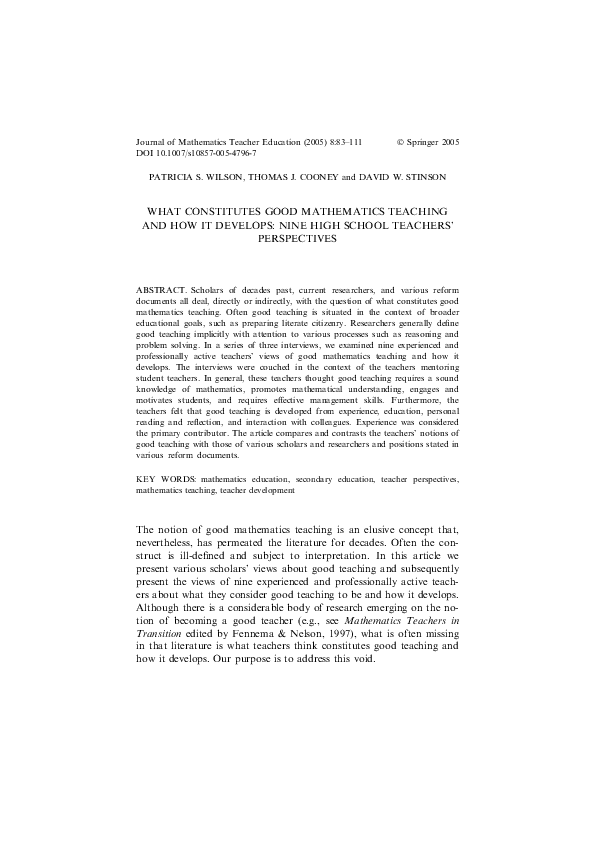 (PDF) What Constitutes Good Mathematics Teaching and How it Develops ...