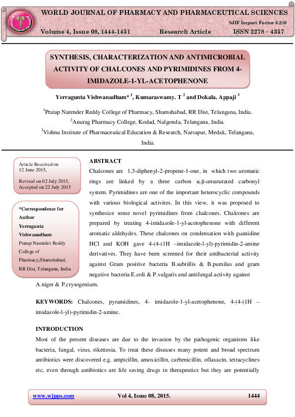 SYNTHESIS, CHARACTERIZATION AND ANTIMICROBIAL ACTIVITY OF CHALCONES AND PYRIMIDINES FROM 4 ...