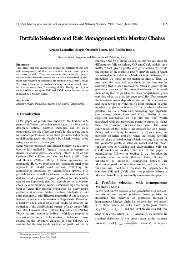 (PDF) Portfolio Selection and Risk Management with Markov Chains