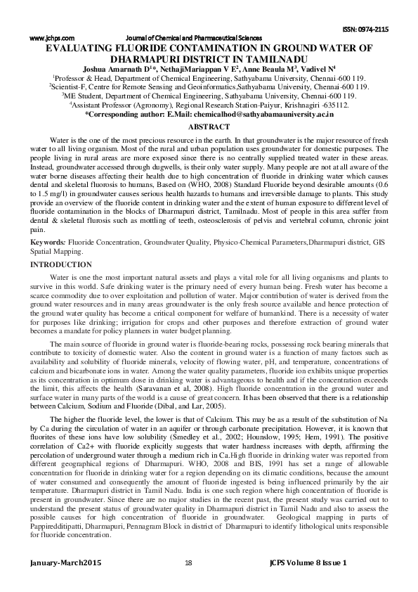 (PDF) Evaluating Fluoride Contamination In Ground Water Of Dharmapuri District In Tamilnadu.