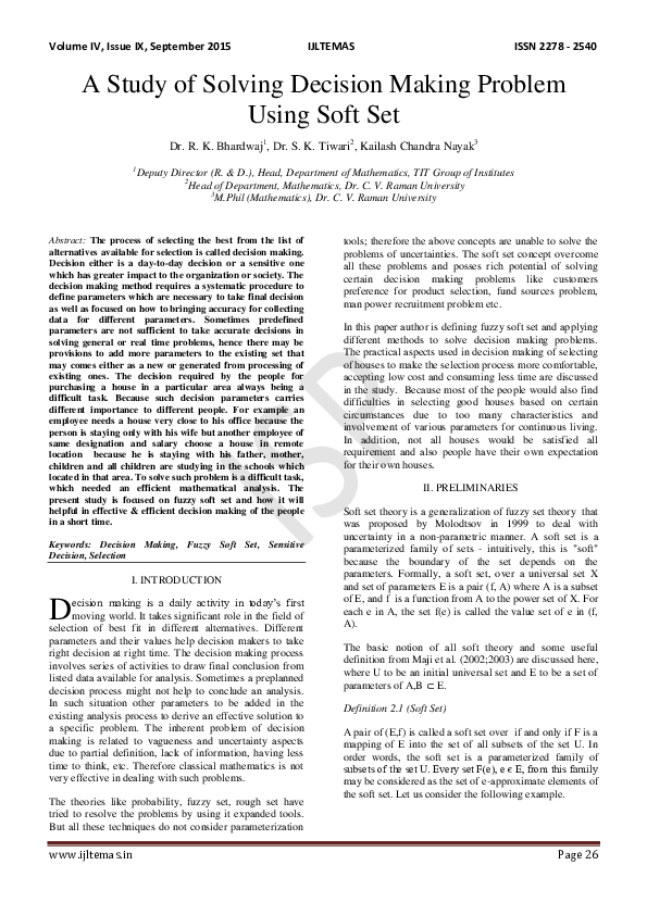 (PDF) A Study of Solving Decision Making Problem Using Soft Set