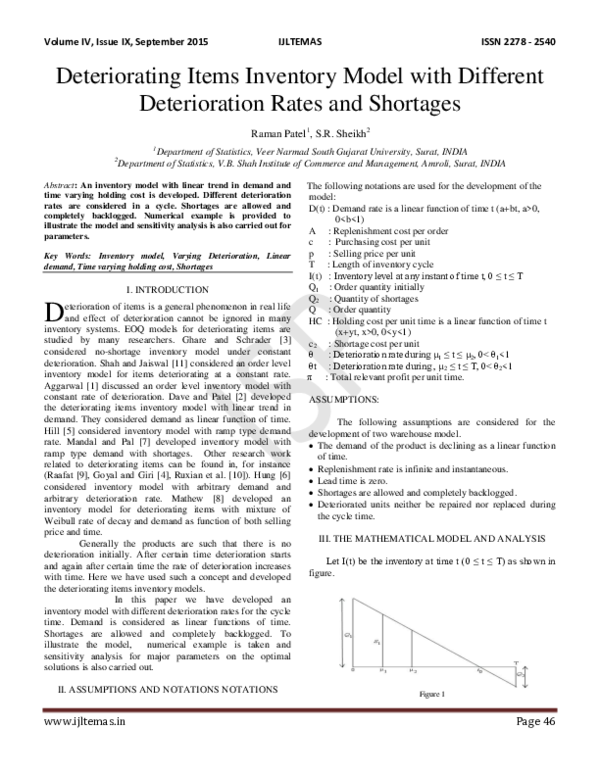 Pdf Deteriorating Items Inventory Model With Different Deterioration Rates And Shortages