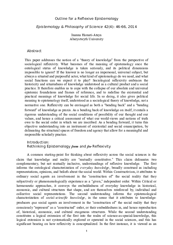 (DOC) Outline for a Reflexive Epistemology [Epistemology & Philosophy ...