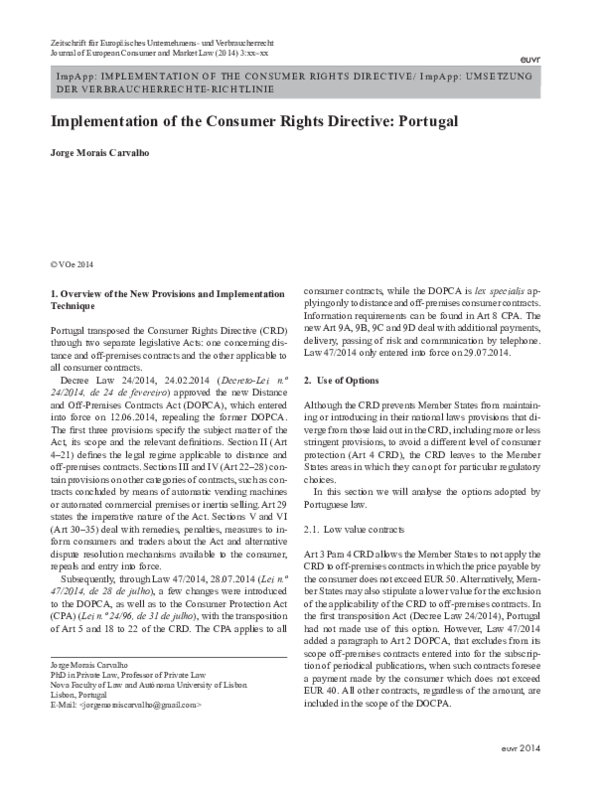 (PDF) “Implementation of the Consumer Rights Directive: Portugal”, in ...