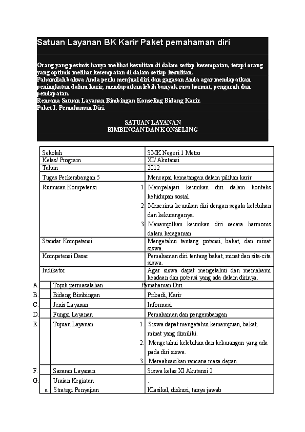(DOC) Satuan Layanan BK Karir Paket pemahaman diri