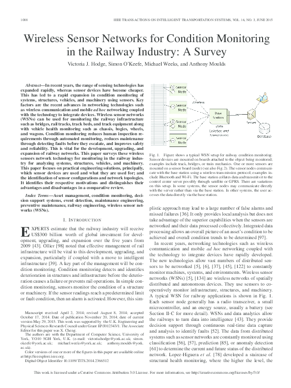 (PDF) Wireless Sensor Networks for Condition Monitoring in the Railway Industry: A Survey