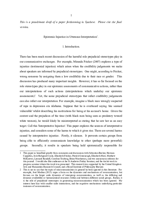 (PDF) Epistemic Injustice in Utterance Interpretation (Synthese)