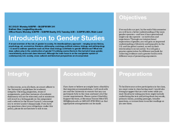 (PDF) "Introduction to Gender Studies" (Loyola Maryland Fall 2015)