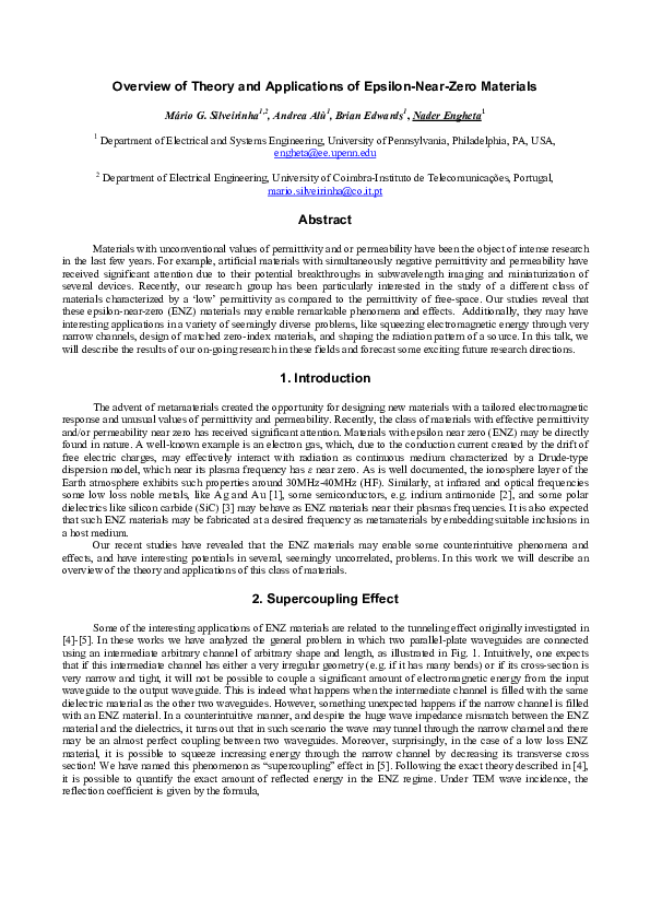 (PDF) Overview of theory and applications of epsilon-near-zero materials