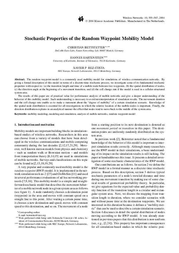 (PDF) Stochastic Properties of the Random Waypoint Mobility Model