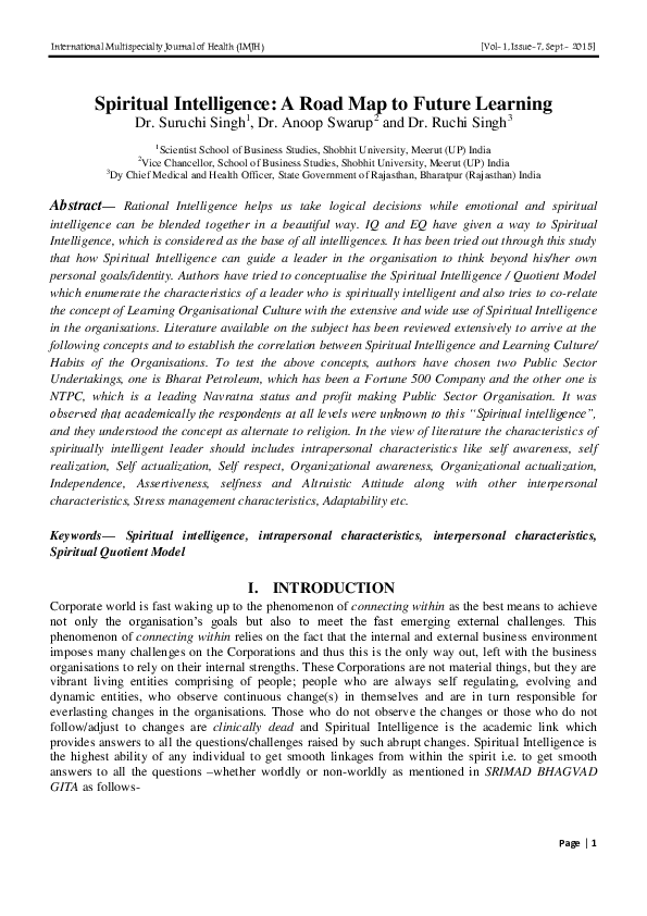 Spiritual Intelligence: A Road Map to Future Learning