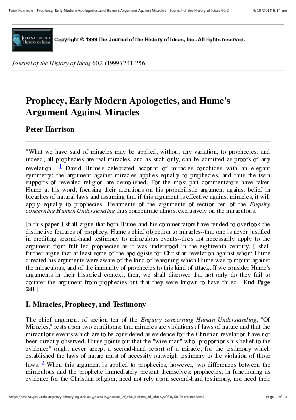 (PDF) Prophecy, Early Modern Apologetics, and Hume's Argument Against ...