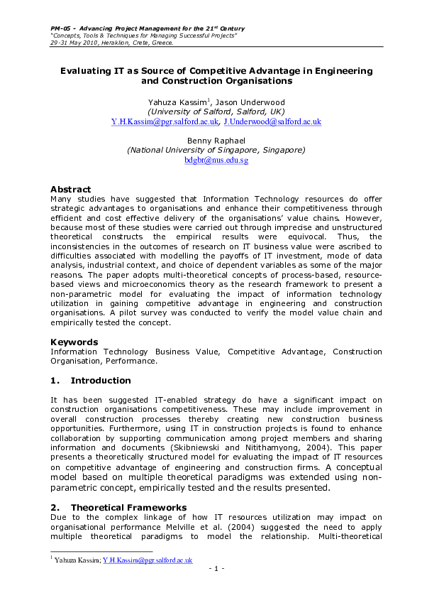 (PDF) Evaluating IT as sources of Competitive Advantage in Engineering and Construion ...
