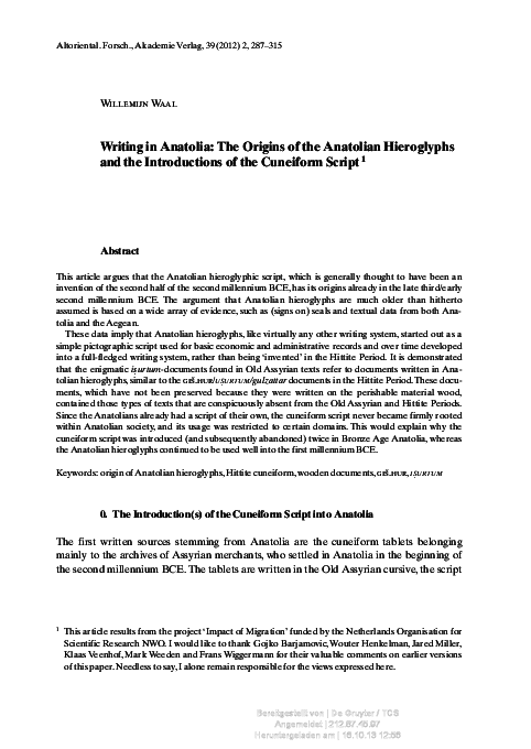 (PDF) Writing in Anatolia. The Origins of Anatolian Hieroglyphs and the ...