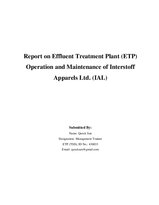 (PDF) Report on Effluent Treatment Plant (ETP) Operation and Maintenance of Interstoff Apparels ...