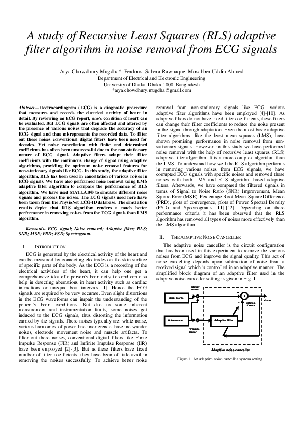 (PDF) A study of Recursive Least Squares (RLS) adaptive filter algorithm in noise removal from ...
