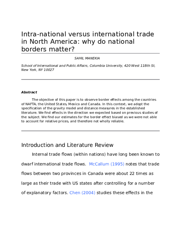 (DOC) Intra-national versus international trade in North America: why ...