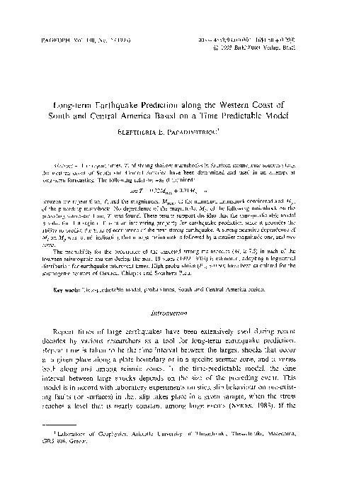 (PDF) Long-term Earthquake Prediction along the Western Coast of South and Central America Based ...