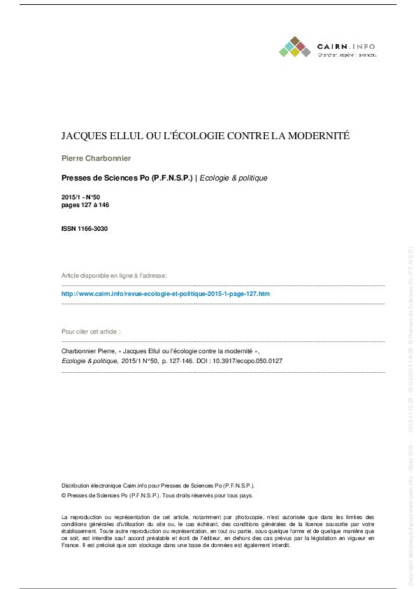 Jacques Ellul ou l'écologie contre la modernité (Ecologie et politique ...
