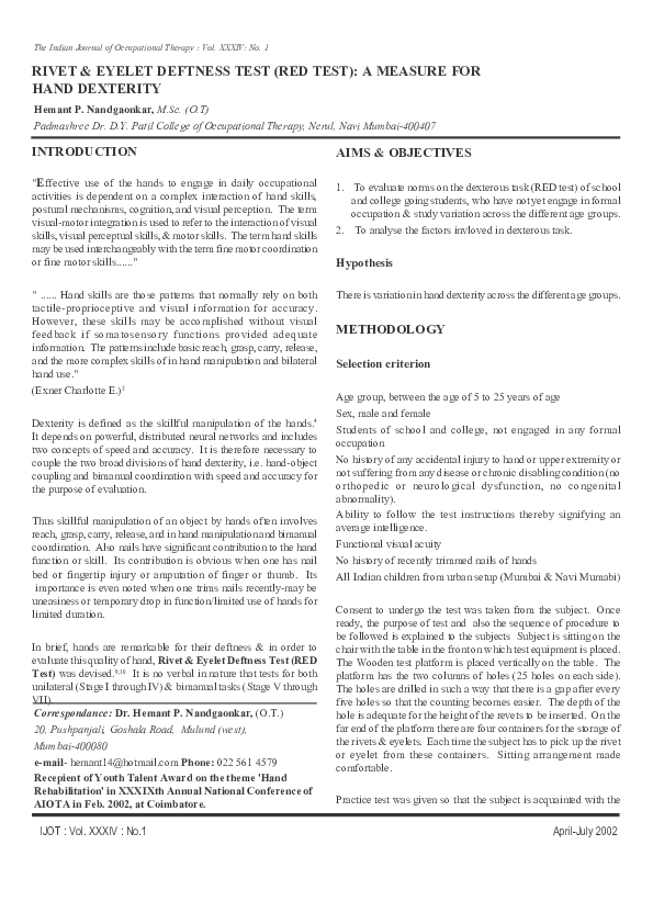 (PDF) RIVET & EYELET DEFTNESS TEST (RED TEST): A MEASURE FOR HAND DEXTERITY