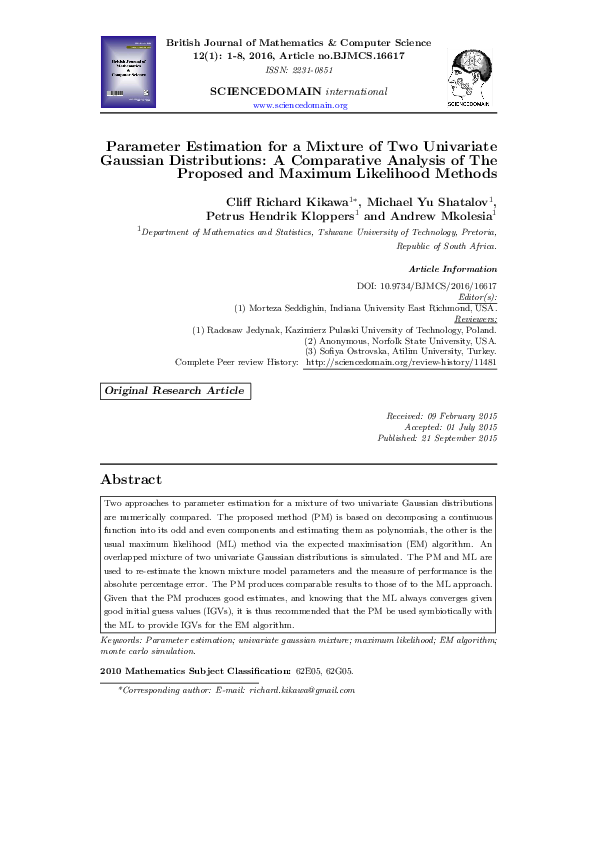 (PDF) Parameter Estimation for a Mixture of Two Univariate Gaussian Distributions: A Comparative ...