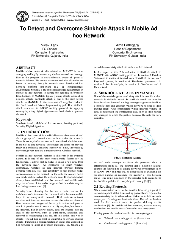 Pdf To Detect And Overcome Sinkhole Attack In Mobile Ad Hoc Network Vivek Tank