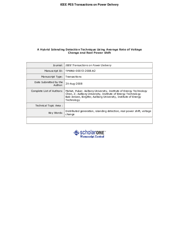 Pdf A Hybrid Islanding Detection Technique Using Average Rate Of