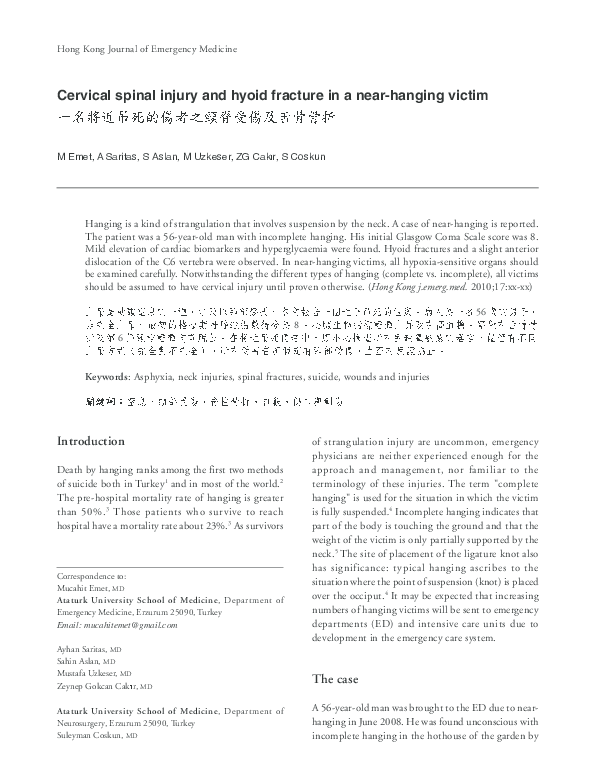 (PDF) Cervical spinal injury and hyoid fracture in a near-hanging victim