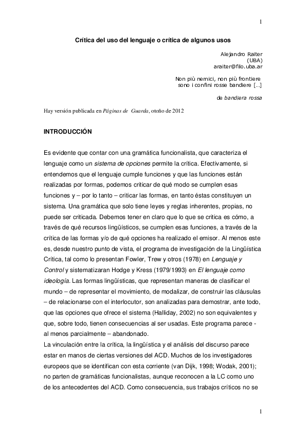 (PDF) Crítica del uso del lenguaje o crítica de algunos usos